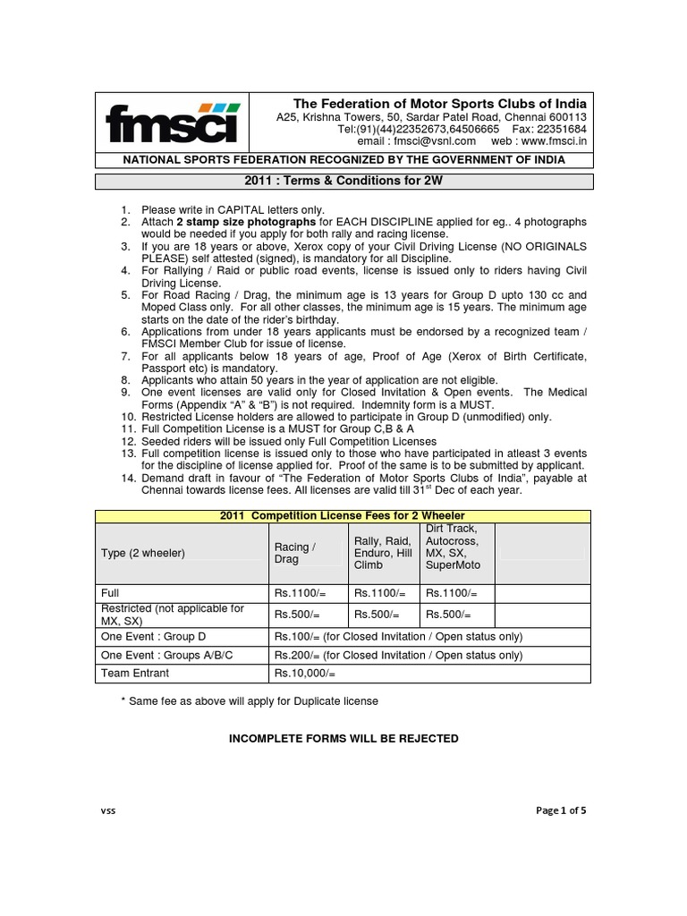 Motoracing Application Form FMSCI License | PDF | Driver's License ...