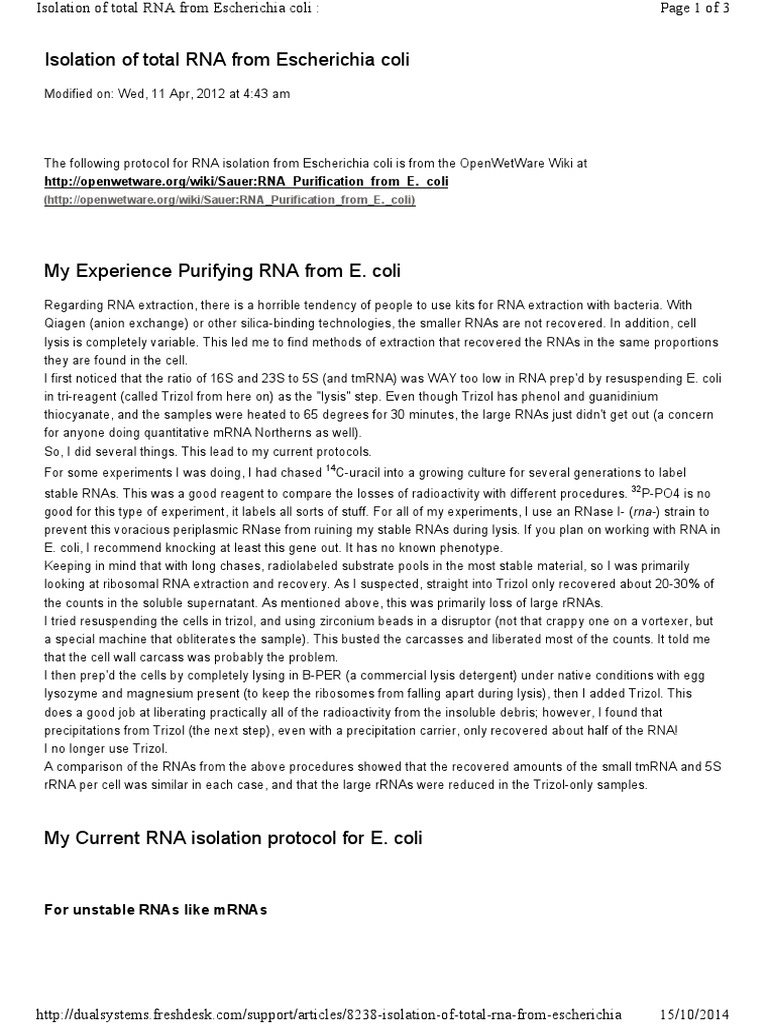 Isolation of Total RNA From Escherichia Coli | PDF | Ribosomal Rna | Rna