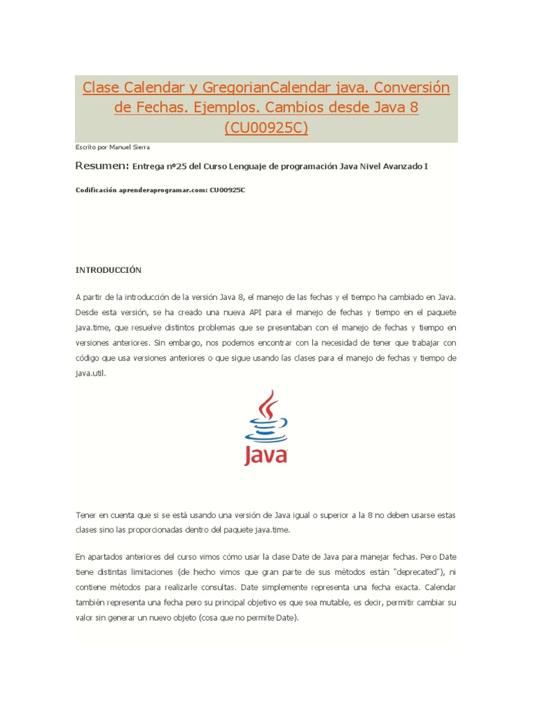 Clase Calendar y GregorianCalendar Java | PDF | Java (lenguaje de programación) | Objeto ...