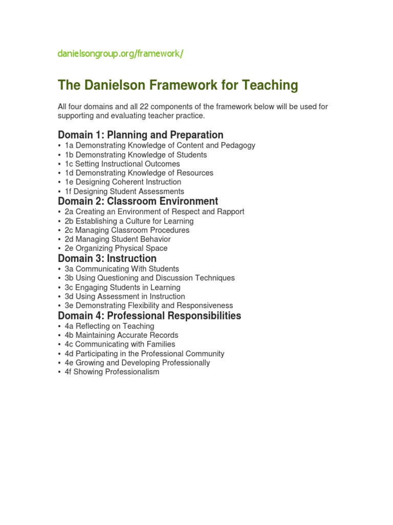 Danielson Framework for Teacher Evaluation | PDF | Pedagogy | Education ...