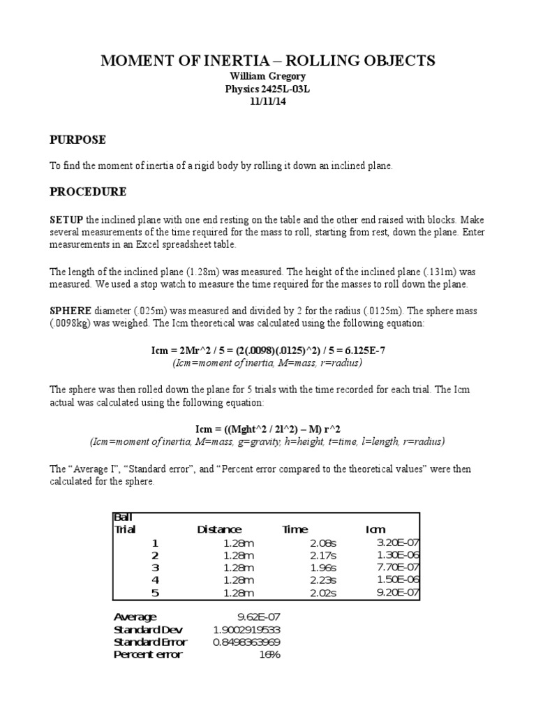 Moment of Inertia - Rolling Objects: Purpose | PDF | Mass | Inertia