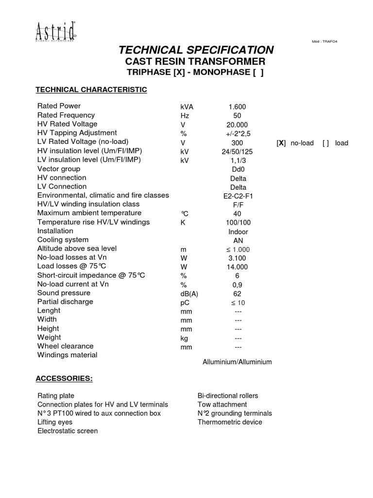 Datasheet Transformer 1600kVA PDF | PDF