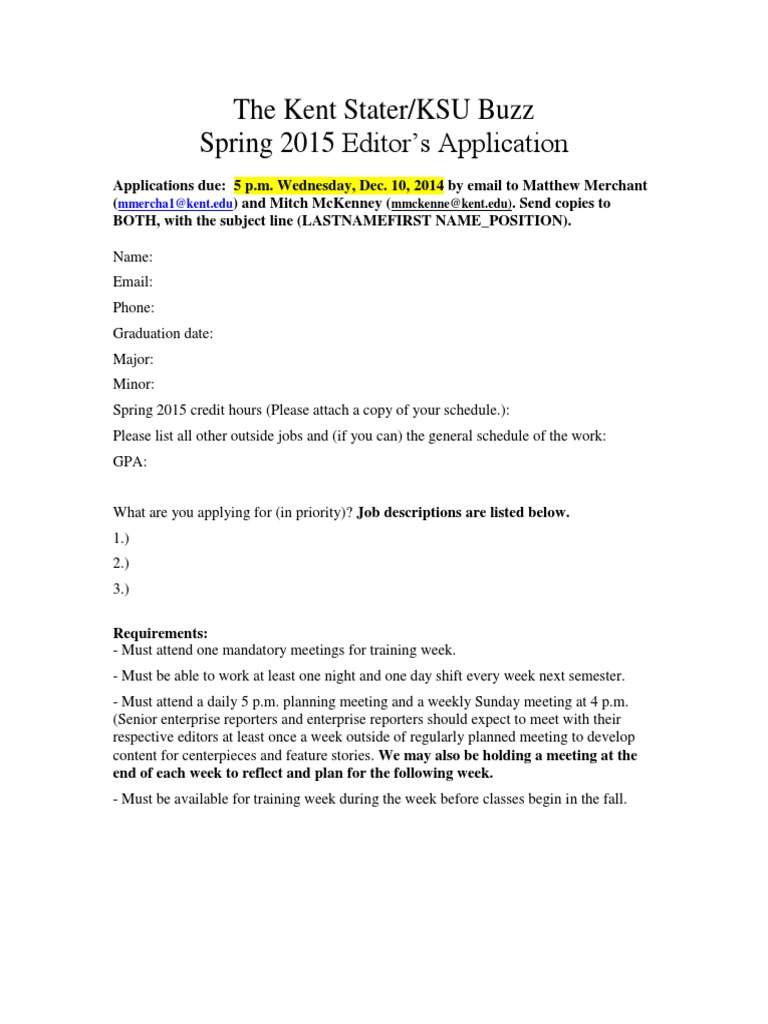 Spring 2015 Editorial Staff Application | PDF | Copy Editing | Editing
