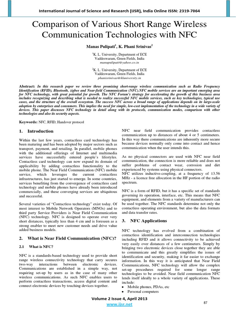 Comparison of Various Short Range Wireless Communication Technologies With NFC | PDF | Near ...