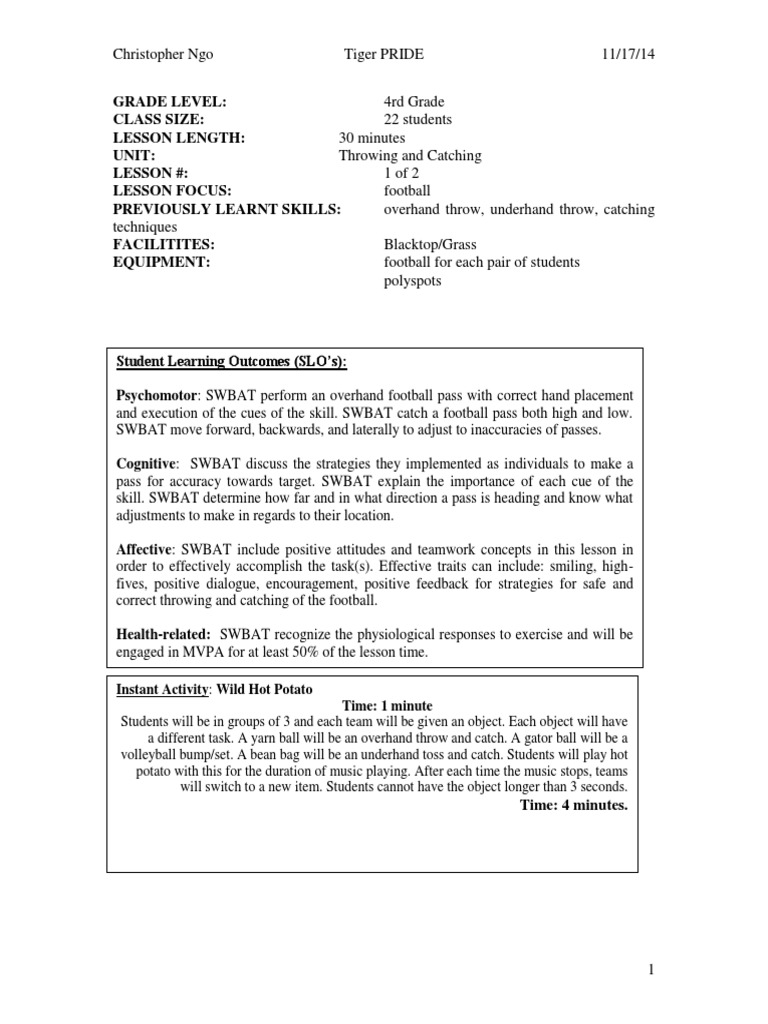 4th Grade Football Skills Lesson | PDF | Cognition | Psychology