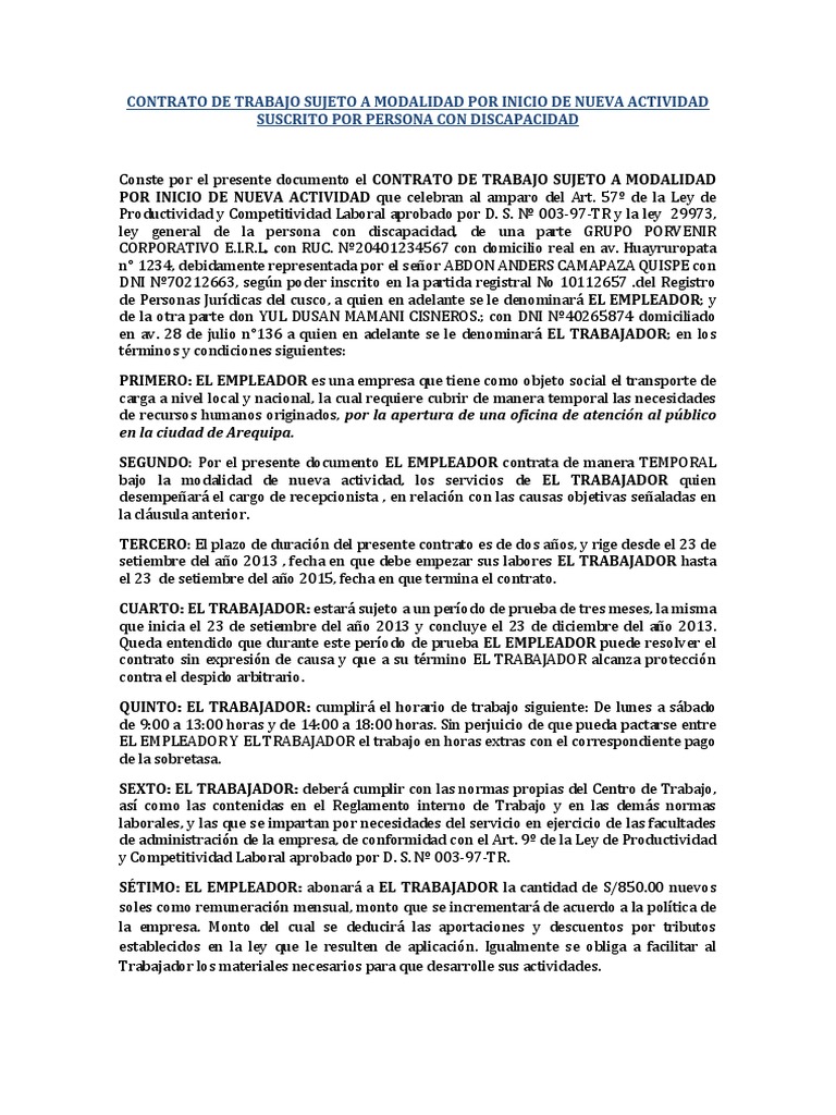 Modelo de Contrato de Trabajo Sujeto A Modalidad Por Inicio de Nueva Actividad Persona Con ...