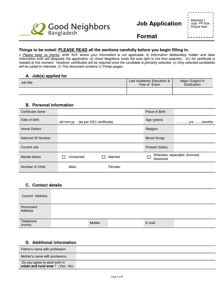 Job Application Format: Things To Be Noted: PLEASE READ All The ...