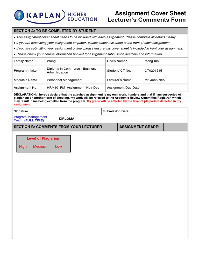 Assignment Cover Sheet Lecturer's Comments Form: Section A: To Be ...