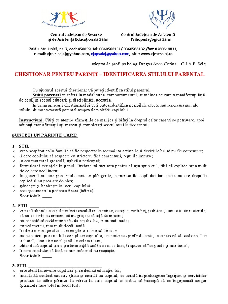 Chestionar Pentru Parinti - Identificarea Stilului Parental | PDF