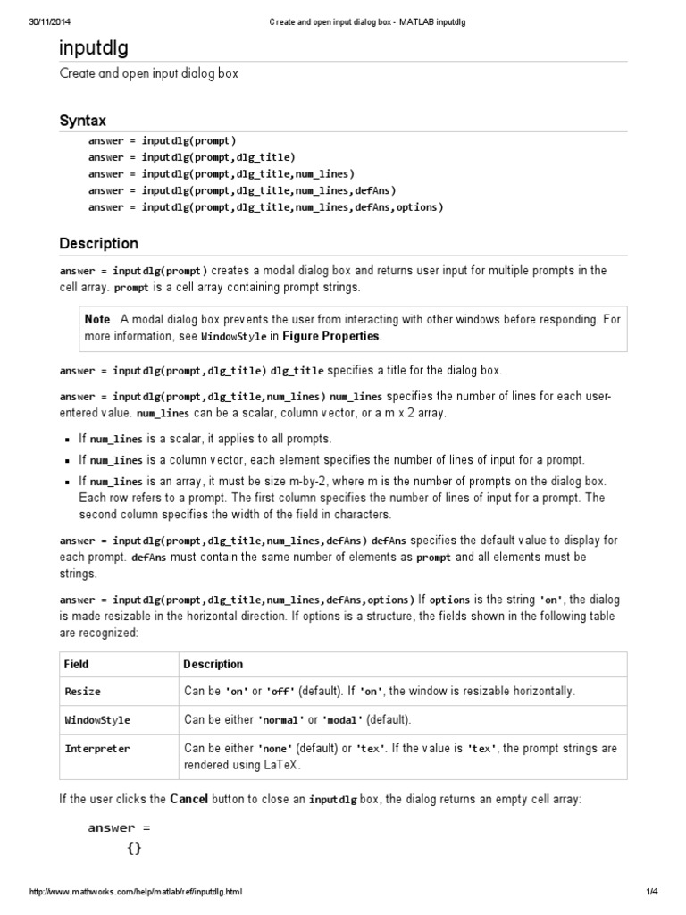 Create and Open Input Dialog Box - MATLAB Inputdlg | PDF | Dialog Box ...