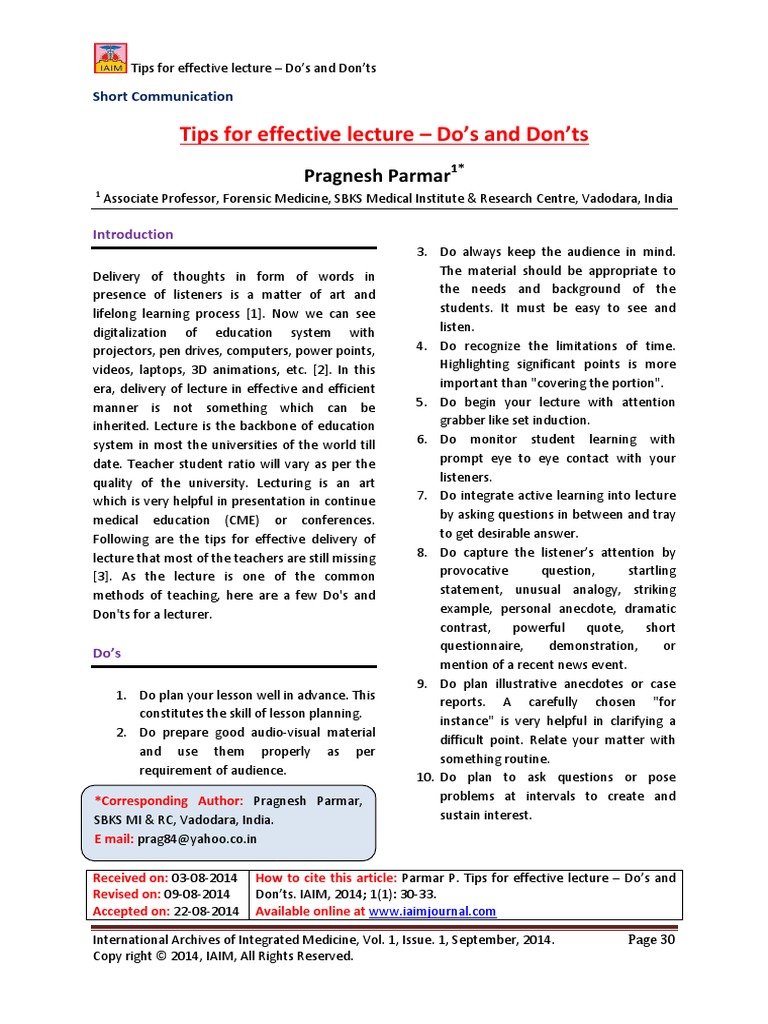 Tips For Effective Lecture - Do's and Don'ts | PDF | Lecture | Reading ...