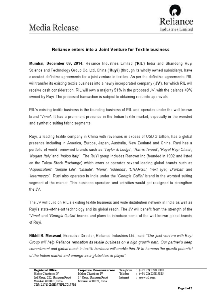 Reliance Enters Into A Joint Venture For Textile Business | PDF | Joint ...