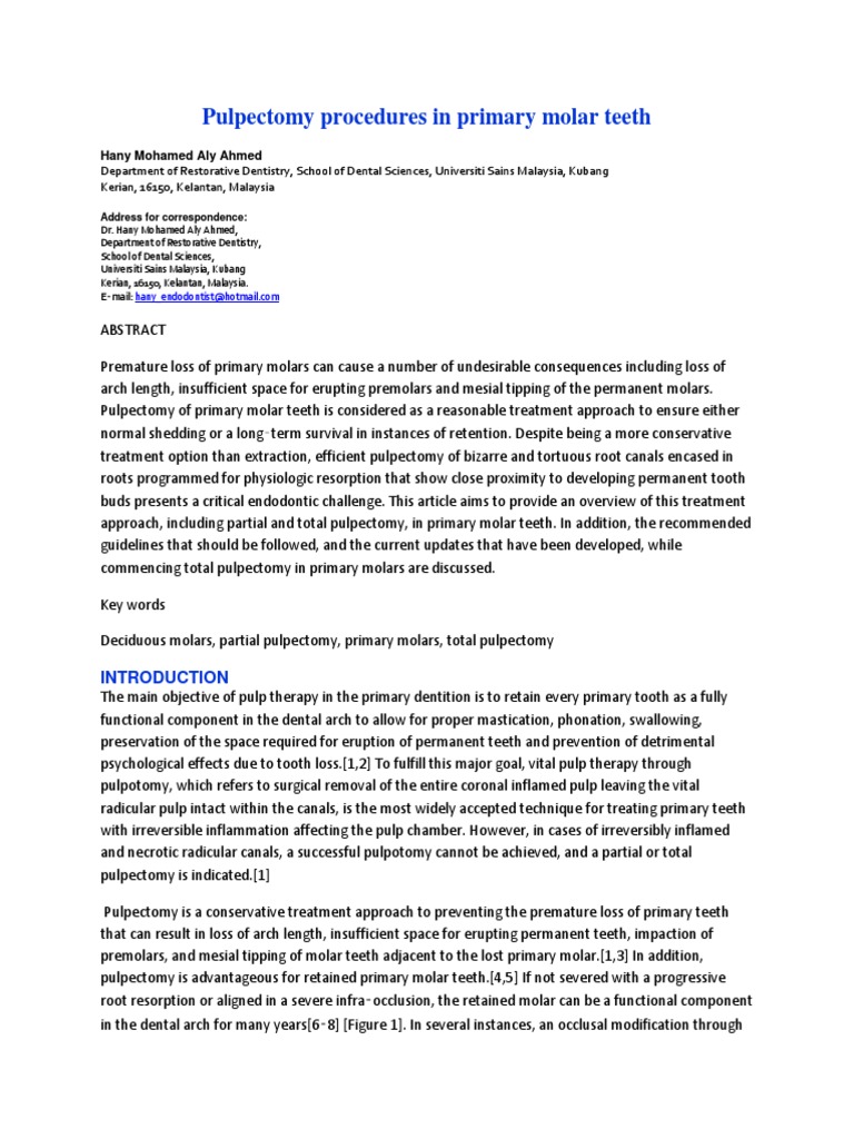 Pulpectomy Procedures in Primary Molar Teeth | PDF | Human Tooth | Tooth