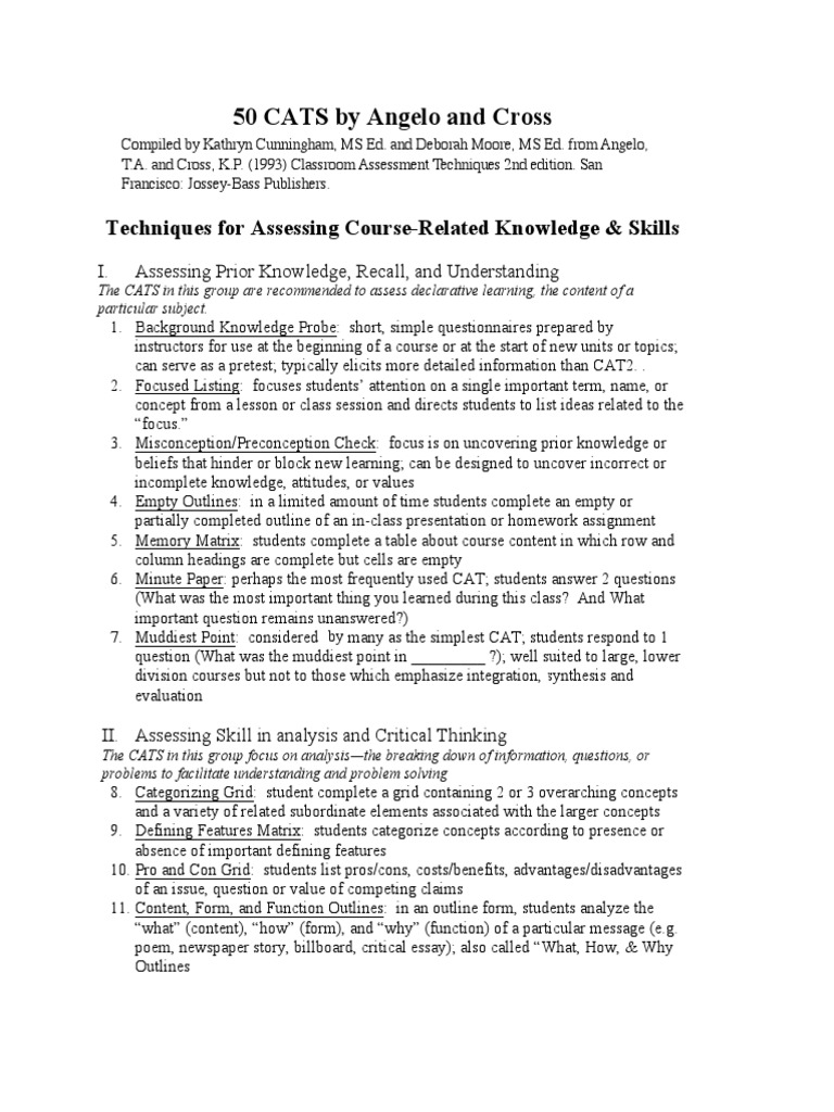 50 CATS by Angelo and Cross: Techniques For Assessing Course-Related Knowledge & Skills | PDF