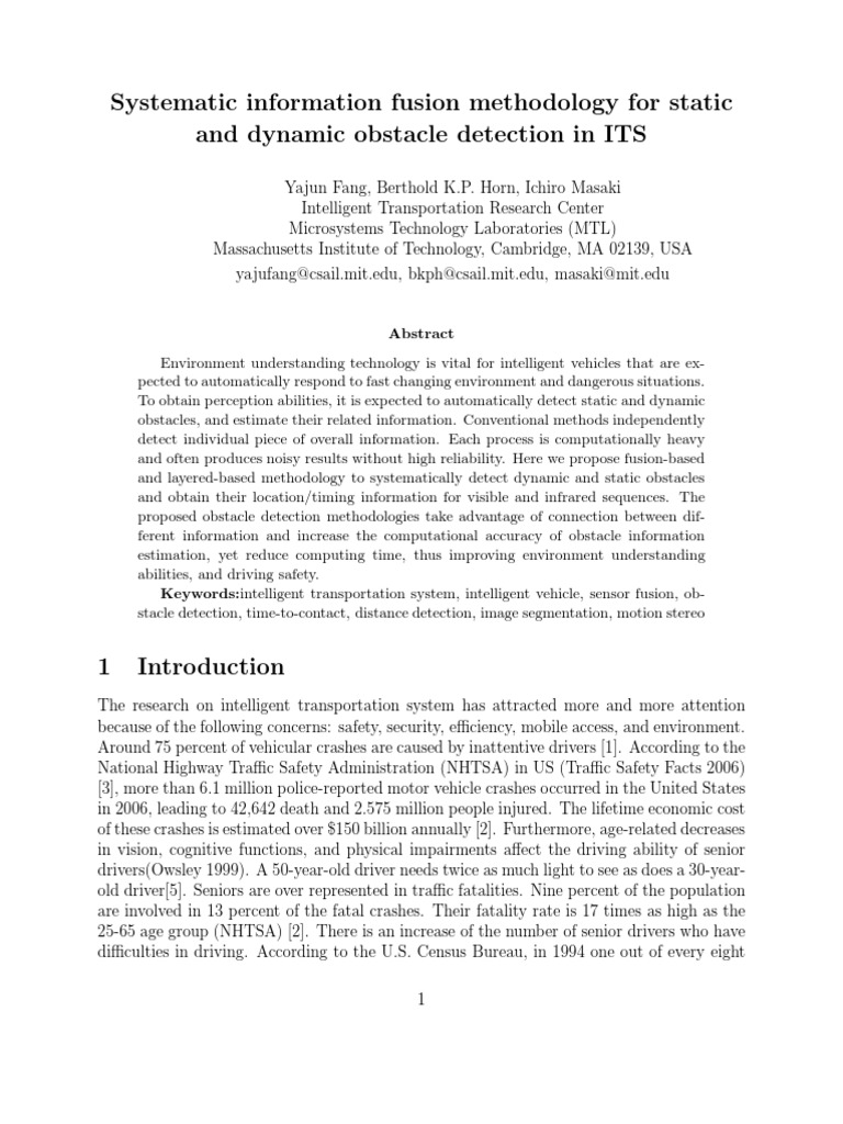 Systematic Information Fusion Methodology For Static and Dynamic Obstacle Detection in ITS | PDF ...