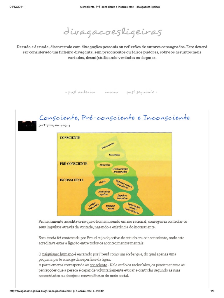 Consciente, Pré-Consciente e Inconsciente | PDF | Sigmund Freud | Mente ...