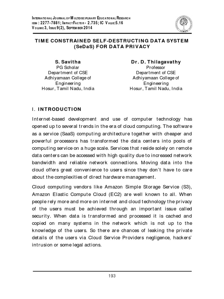 Time Constrained Self-Destructing Data System (Sedas) For Data Privacy | PDF | Cloud Computing ...