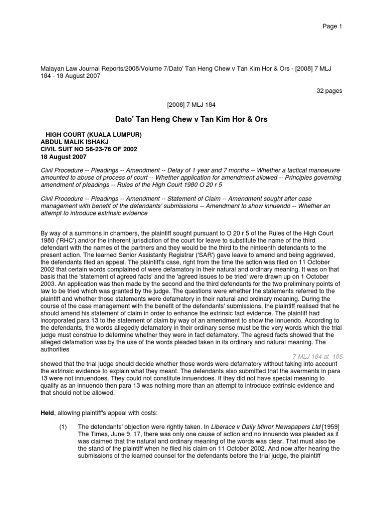 Dato Tan Heng Chew V Tan Kim Hor Ors (2008) 7 MLJ 184, HC | PDF ...
