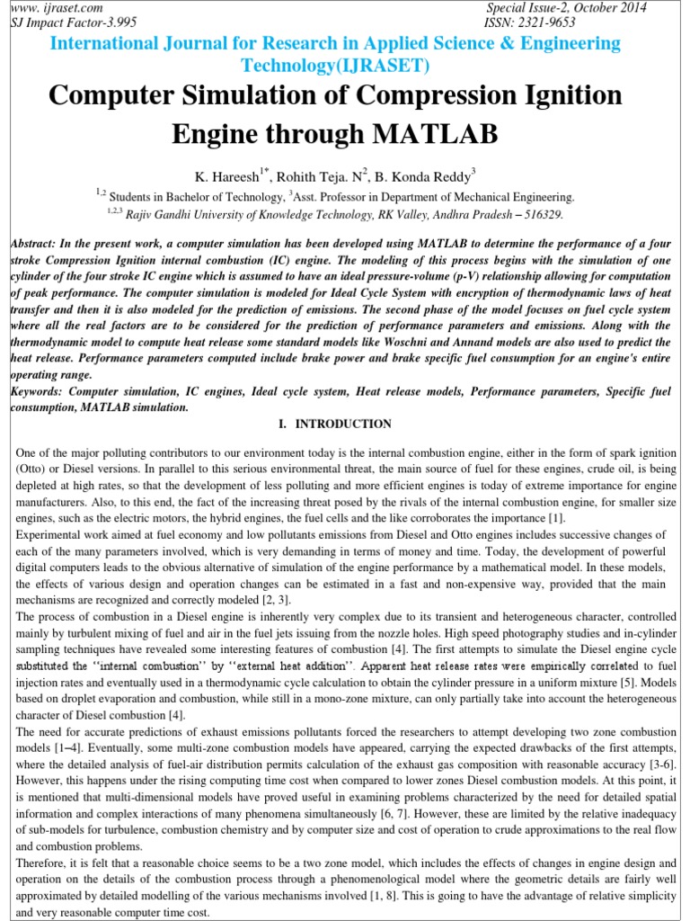 Computer Simulation of Compression Ignition Engine Through MATLAB | PDF | Internal Combustion ...