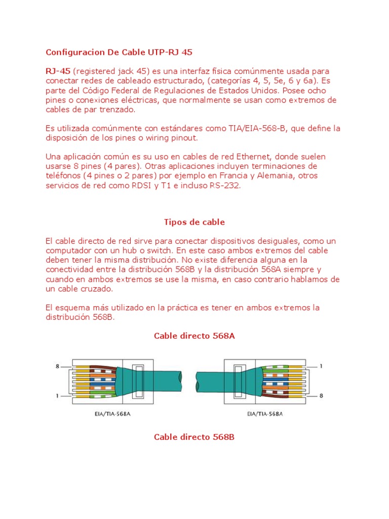 Configuracion de Cable UTP RJ-45 | PDF | Telecomunicaciones | Redes de computadoras