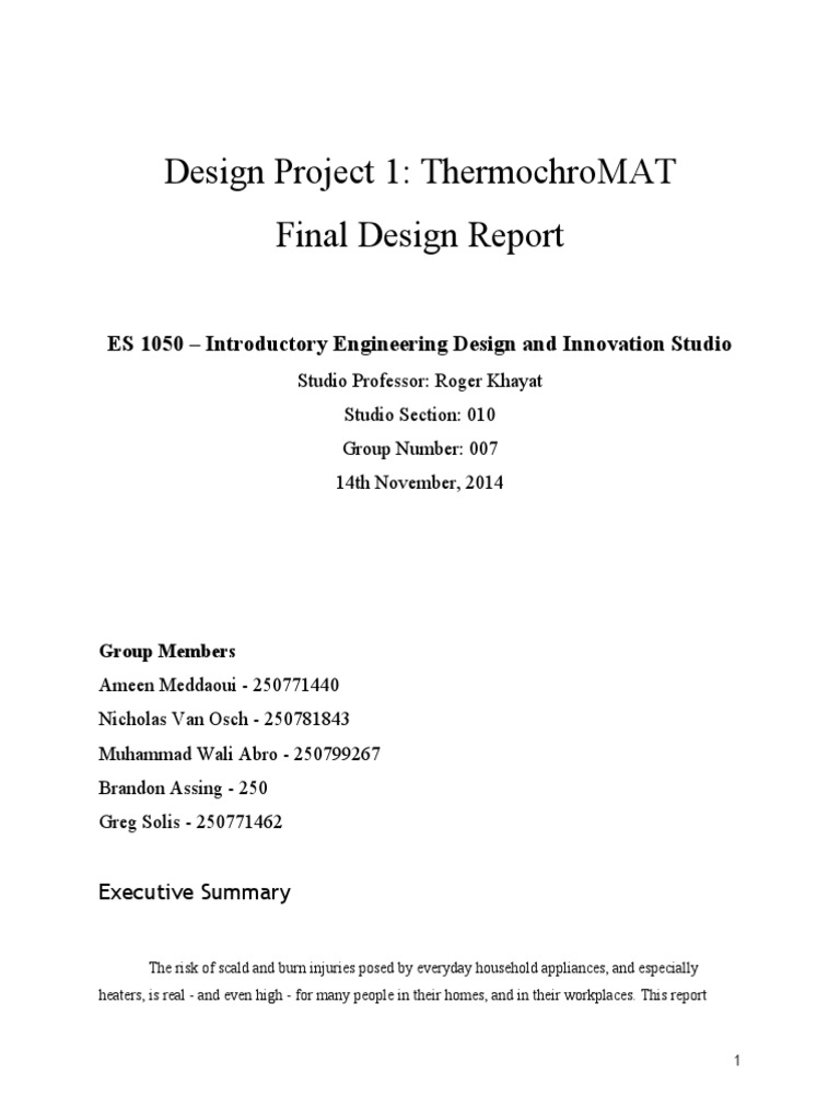 Design Project 1: Thermochromat Final Design Report: Es 1050 ...