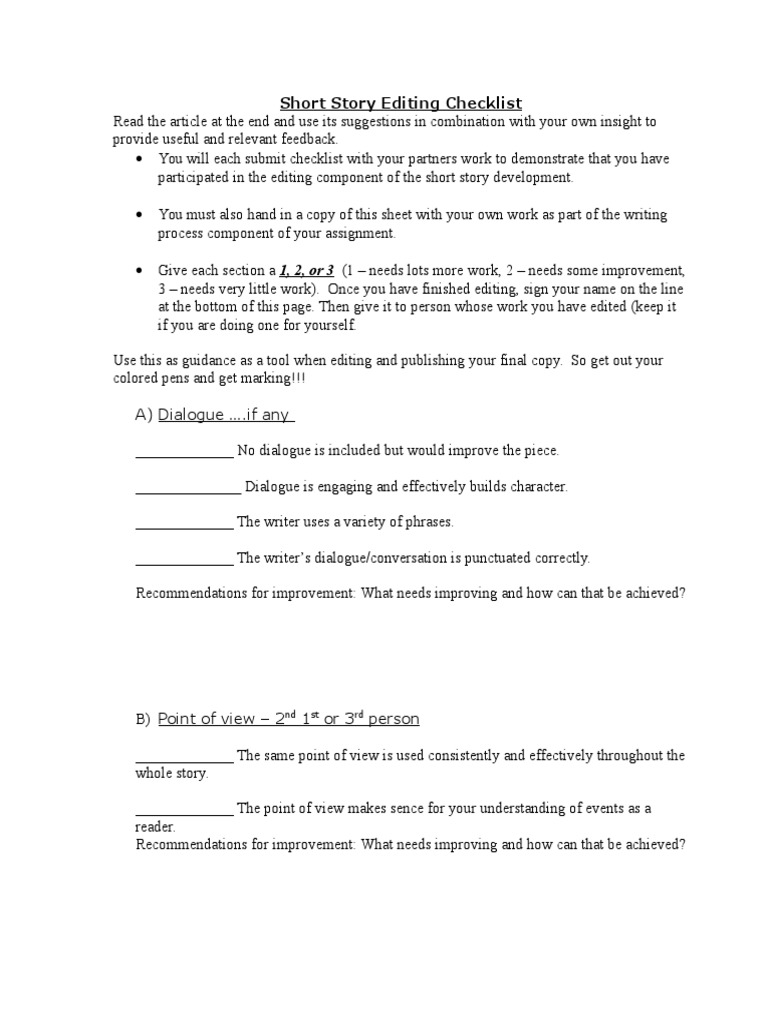 Short Story Editing Checklist Guide | PDF | Narration | Writers