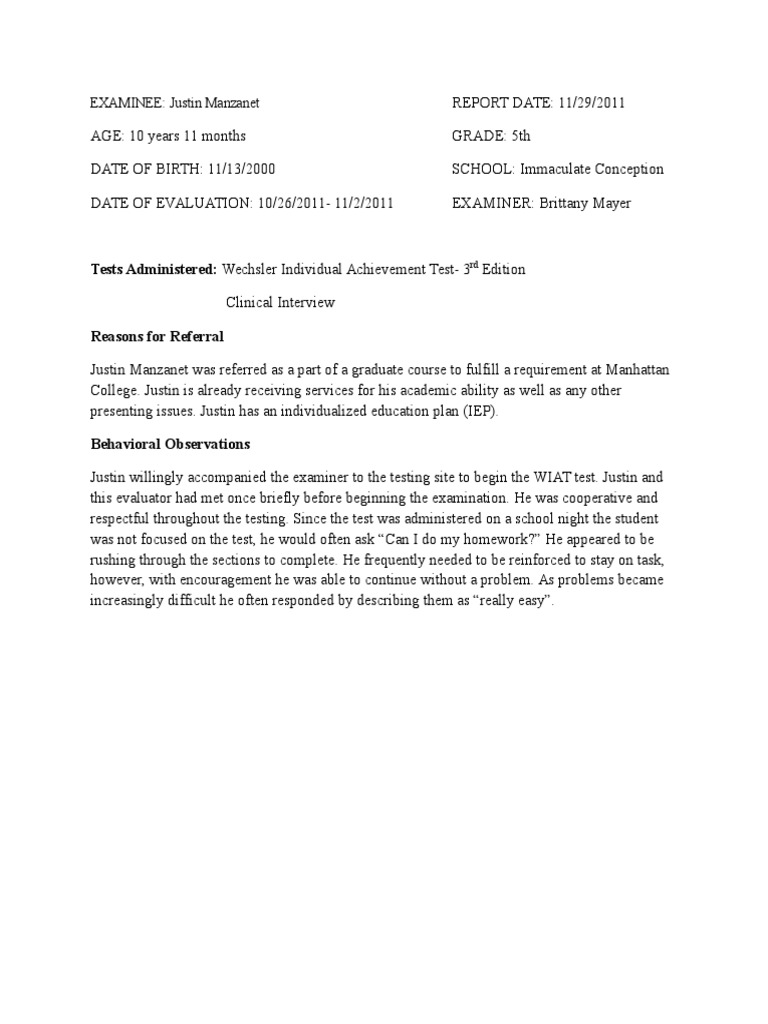 Psychoeducational Report | PDF | Reading Comprehension | Reading (Process)