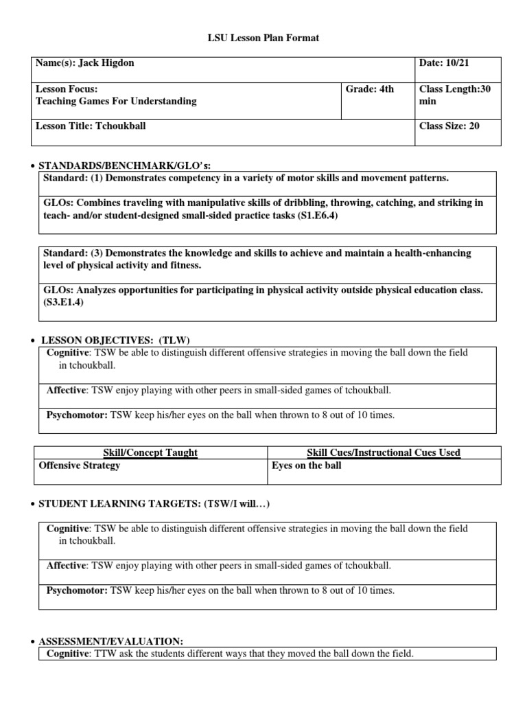 Tgfu Lesson Plan | PDF | Affect (Psychology) | Lesson Plan