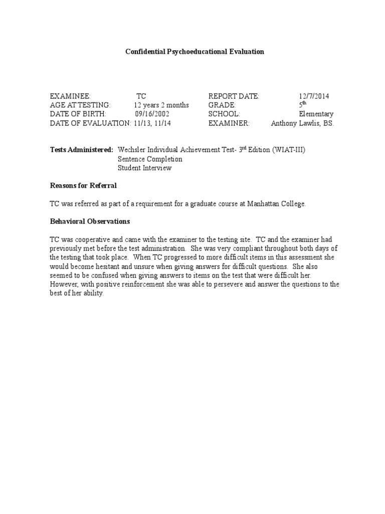Psychoeducational Evaluation of TC | PDF | Test (Assessment) | Reading ...