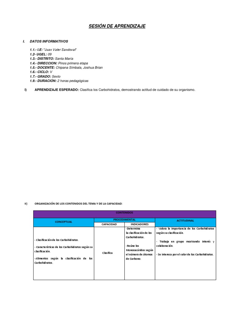 Sesión Los Carbohidratos | PDF | Carbohidratos | Aprendizaje