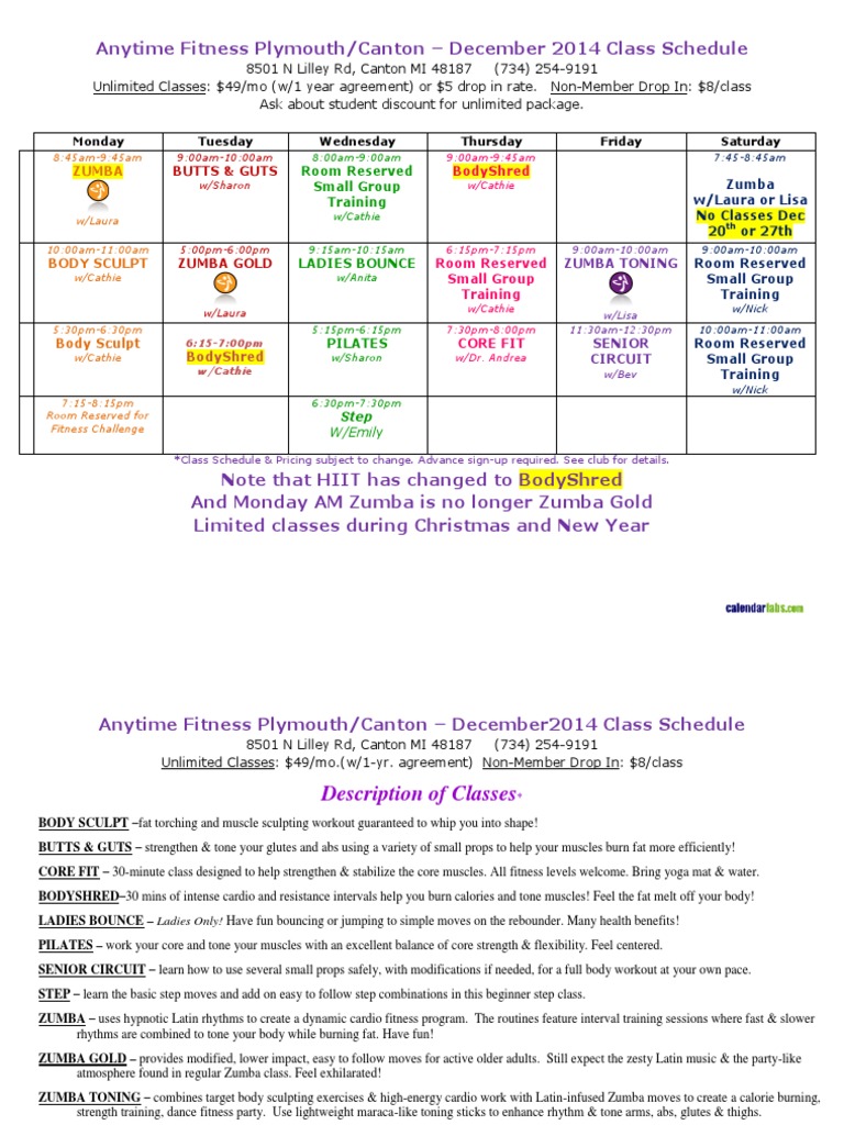 Dec 2014 Live Class Schedule V 3 | PDF | Physical Fitness | Aerobic ...