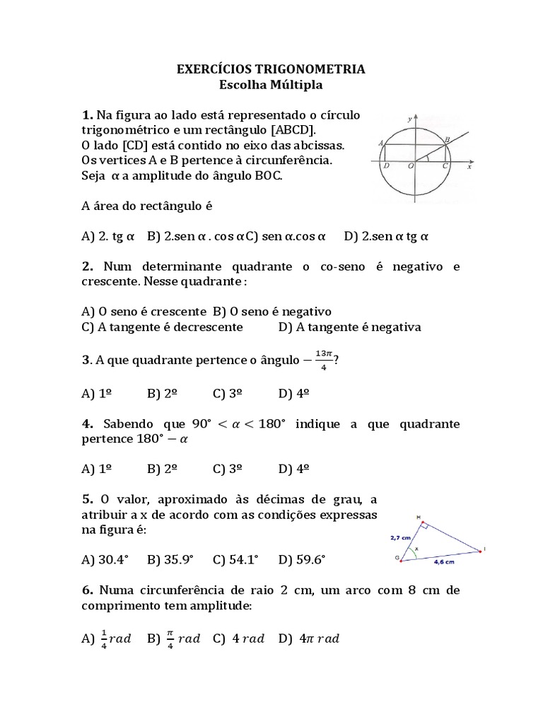 Exercícios Trigonometria | PDF | Trigonometria | Triângulo