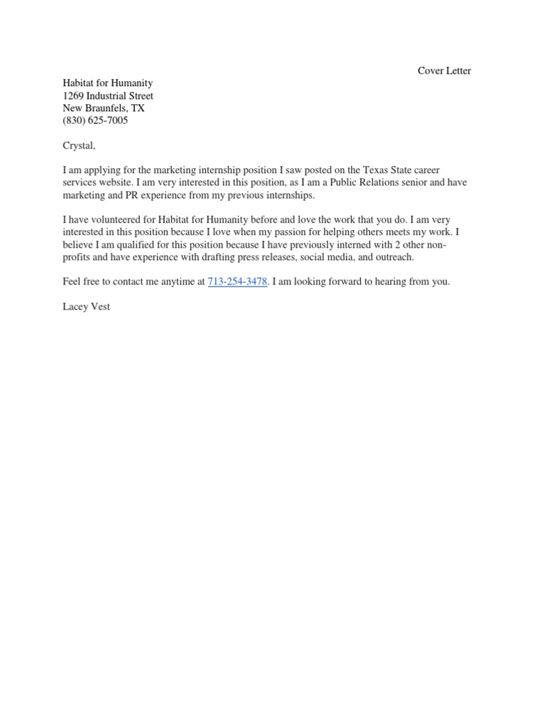 Cover Letter Habitat For Humanity 1269 Industrial Street New Braunfels ...