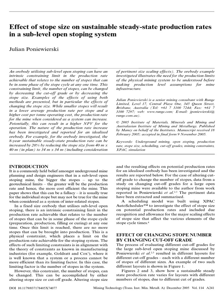 Effect of Stope Size On Sustainable Steady-State Production Rates | PDF