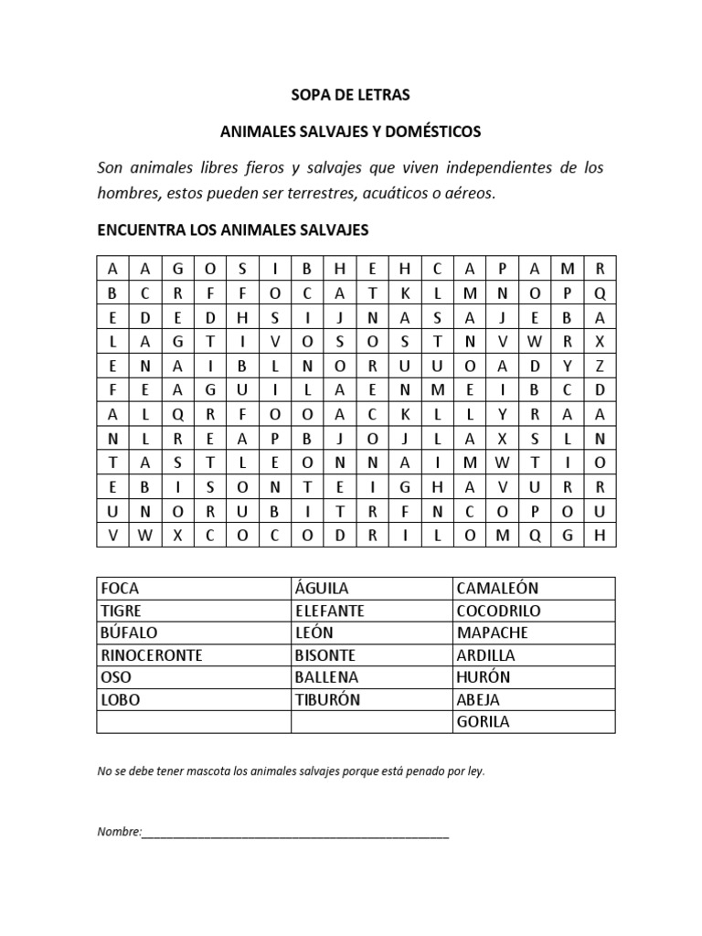 Sopas de Letras Animales Salvajes y Animales Domesticos | PDF