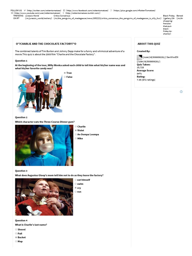 O°?Charlie and The Chocolate Factory?°O About This Quiz | PDF | Leisure