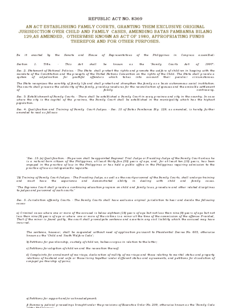 Republic Act No. 8369 Family Courts | PDF | Social Work | Marriage