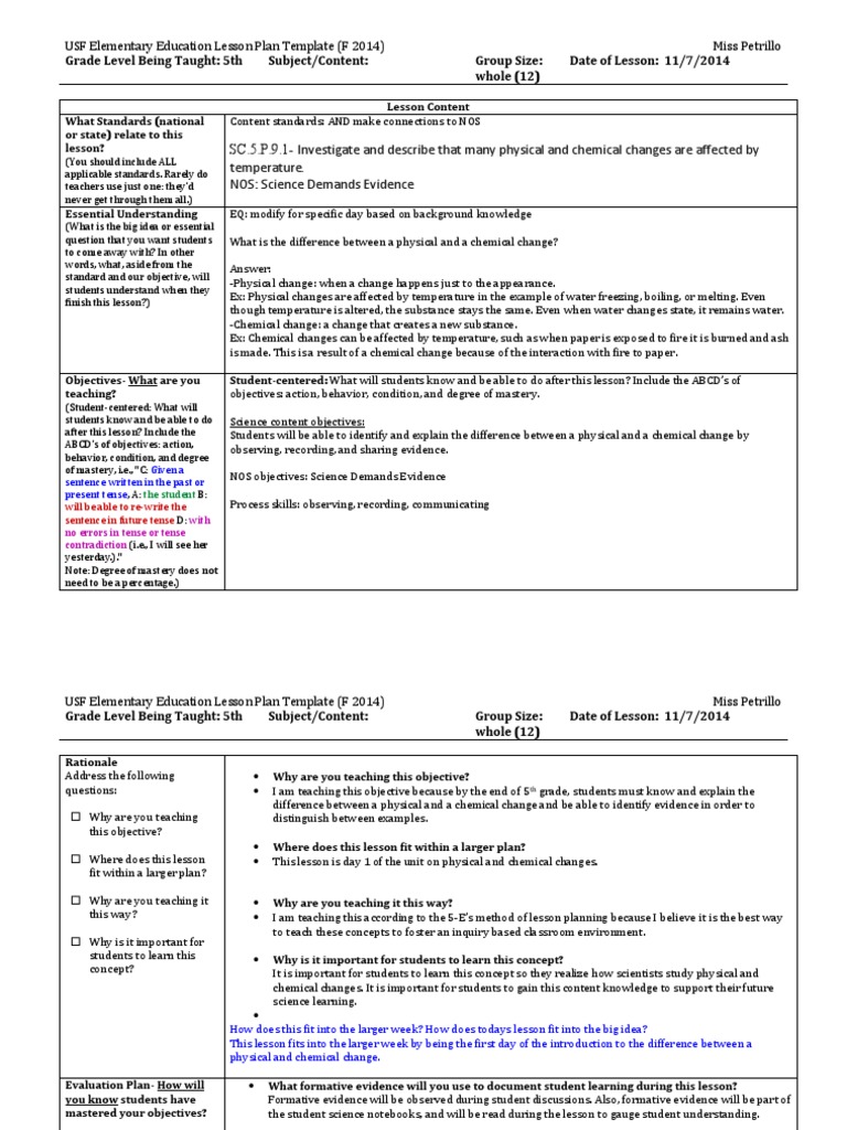 Physical And Chemical Changes Lesson Plan Science