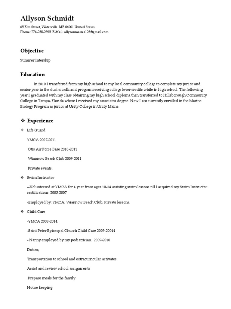 Allyson Schmidt's Summer Internship Resume | PDF | Wellness | Lifestyle
