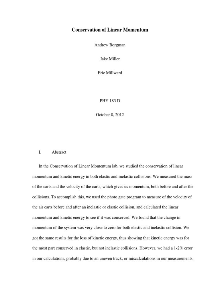 Conservation of Linear Momentum Formal Lab Report | PDF | Collision ...