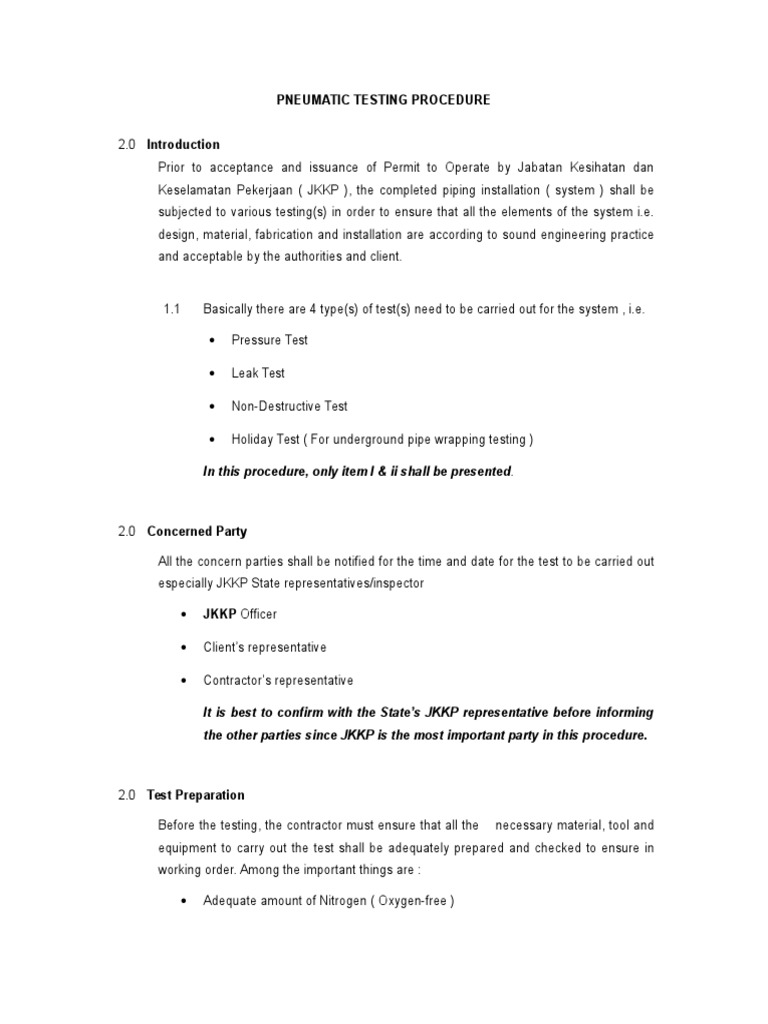 Pneumatic Testing Procedure | PDF | Leak | Valve