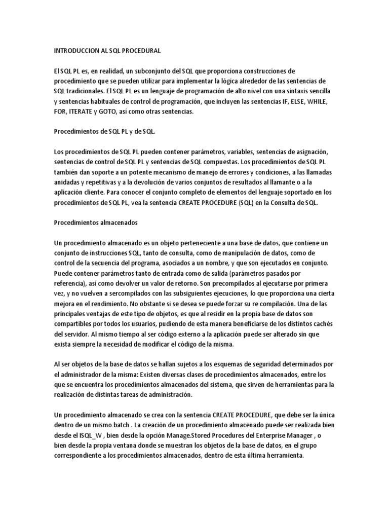 Introduccion Al SQL Procedural | PDF | SQL | Lenguaje de programación Introduccion Al SQL Procedural | PDF | SQL | Lenguaje de programación