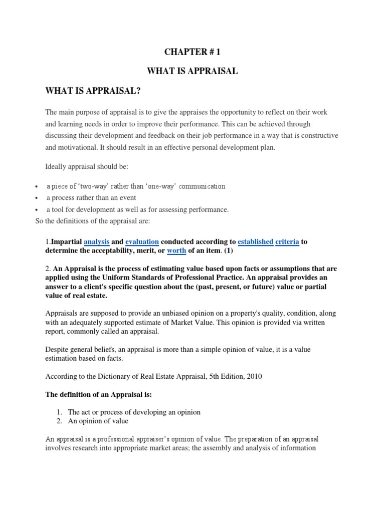 Chapter # 1 What Is Appraisal What Is Appraisal?: Analysis Evaluation ...