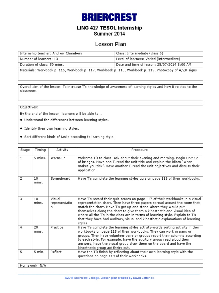 LING427 Lesson Plan 03 | PDF | Learning Styles | Lesson Plan