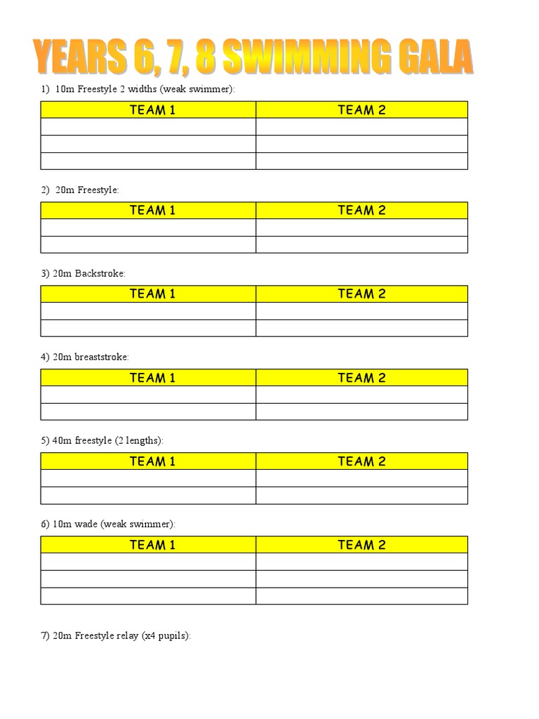 Team 1 Team 2: 1) 10m Freestyle 2 Widths (Weak Swimmer) | PDF | Outdoor ...
