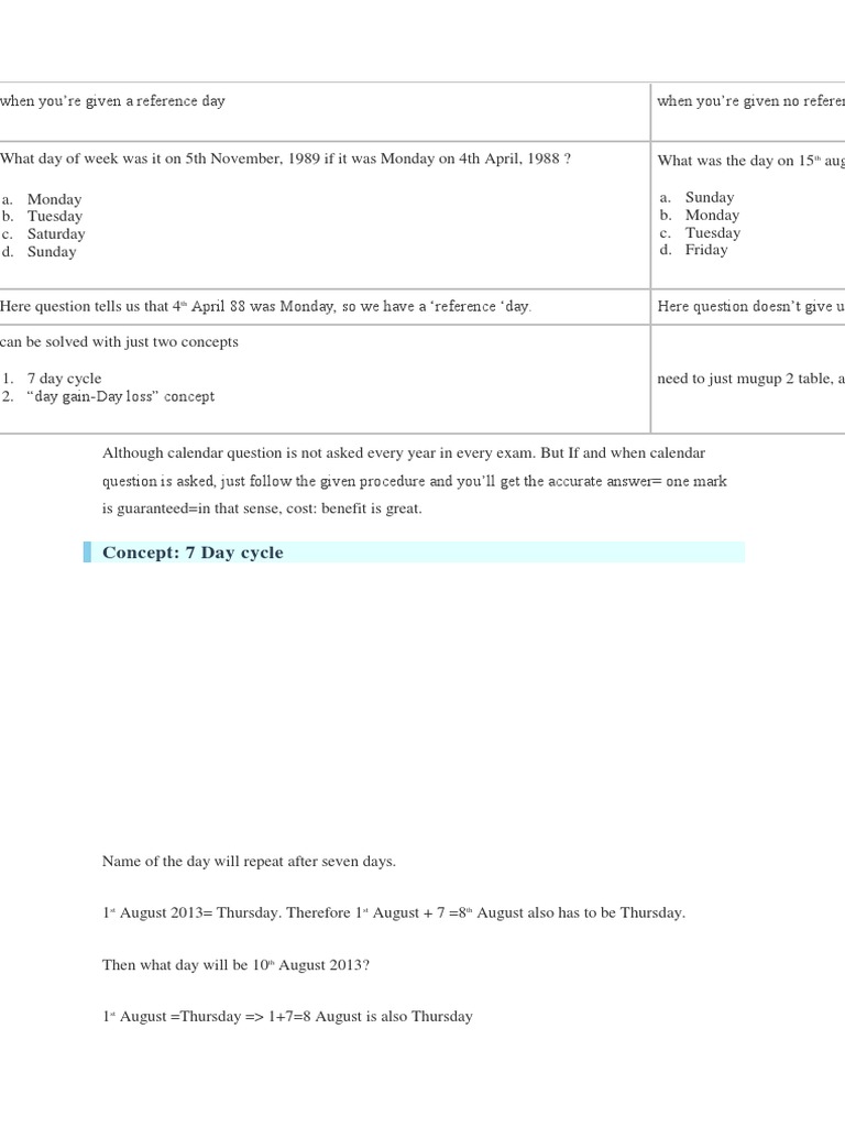 Concept: 7 Day Cycle | PDF | Teaching Mathematics