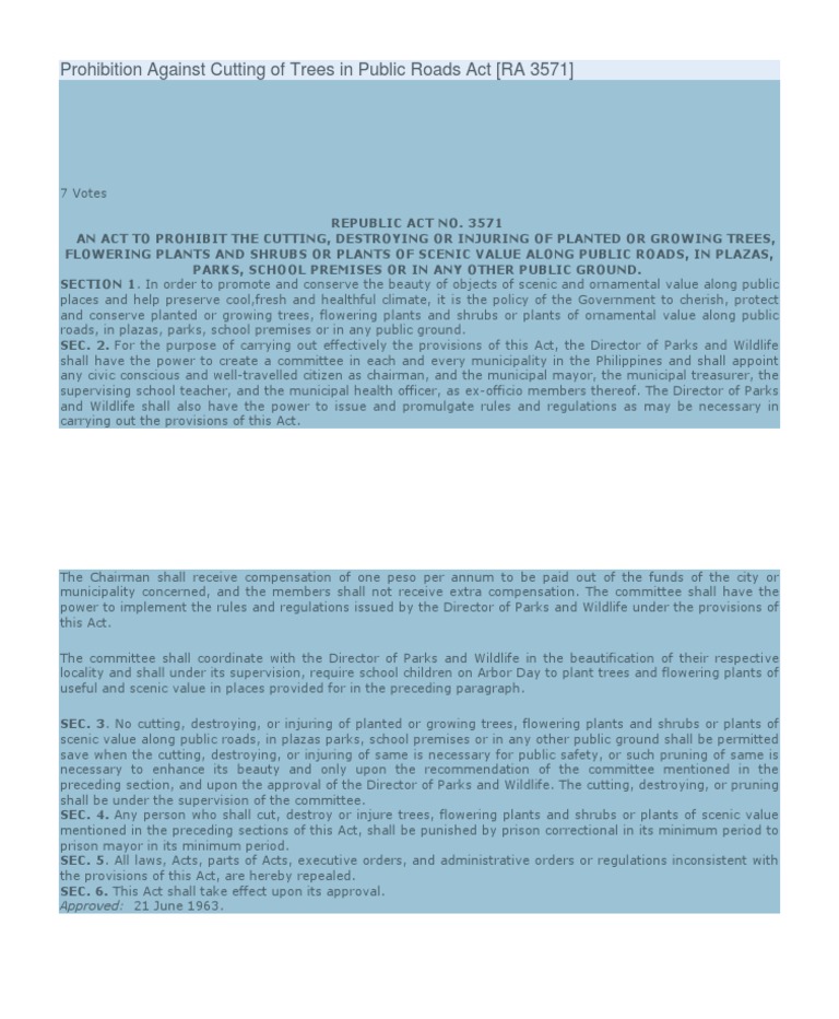 Prohibition Against Cutting of Trees in Public Roads Act (RA 3571) | PDF | Trees | Public Sphere