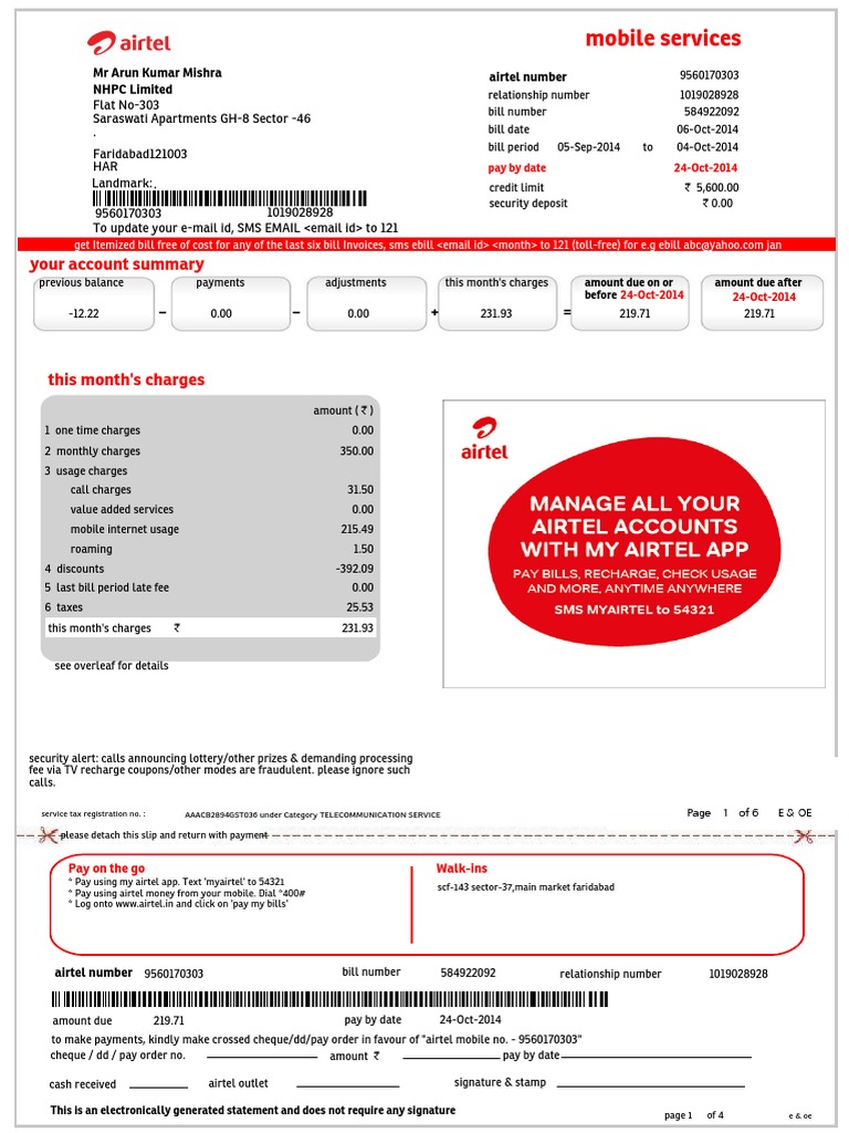 Airtel Document | Roaming | Invoice