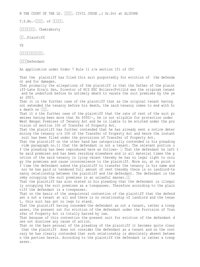 An Application Under Order 7 Rule 11 | Leasehold Estate | Lawsuit