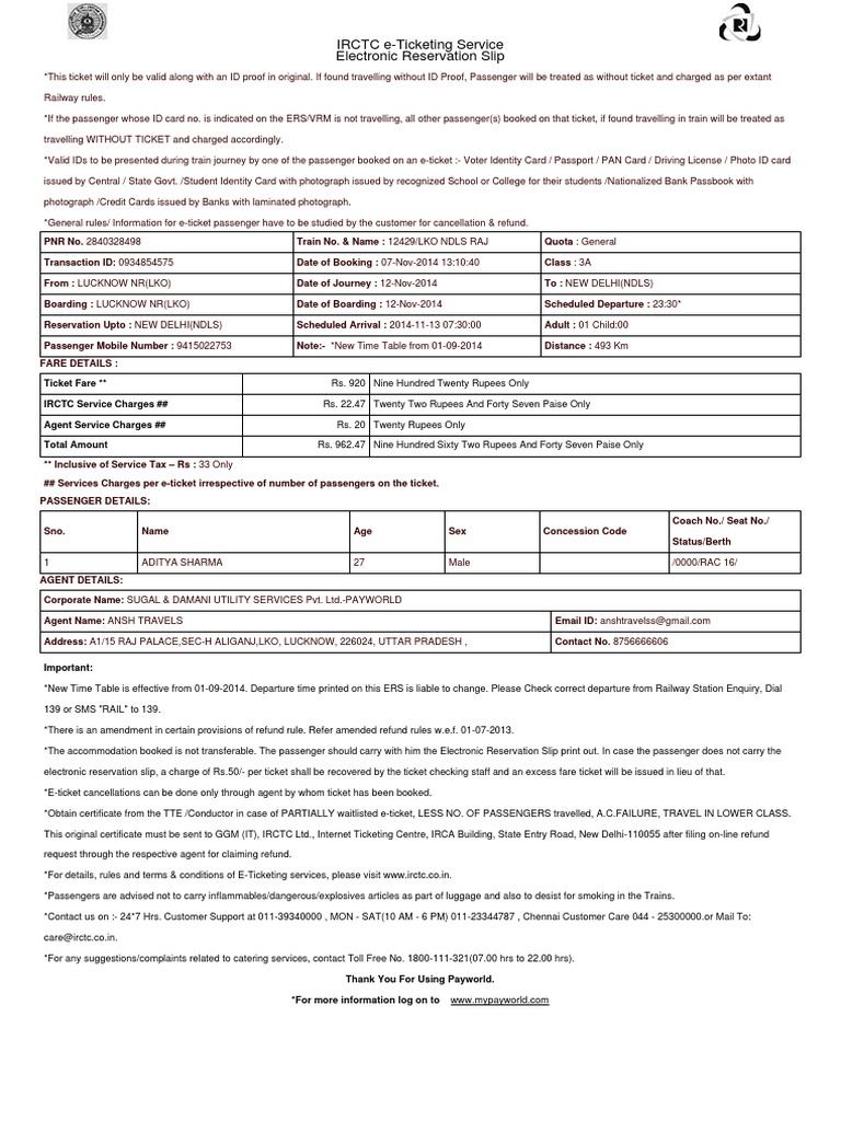 IRCTC E-Ticketing Service Electronic Reservation Slip | PDF | Identity ...